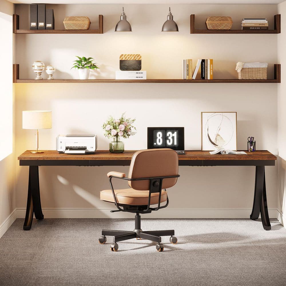 BYBLIGHT Moronia 78.74 in. Rectangle Brown Wood Computer Desk, 2-Person ...