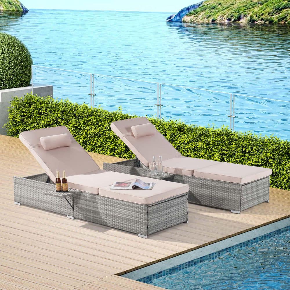 SereneVita Gray 2-Piece Wicker Outdoor Chaise Lounge Reclining Lounge ...