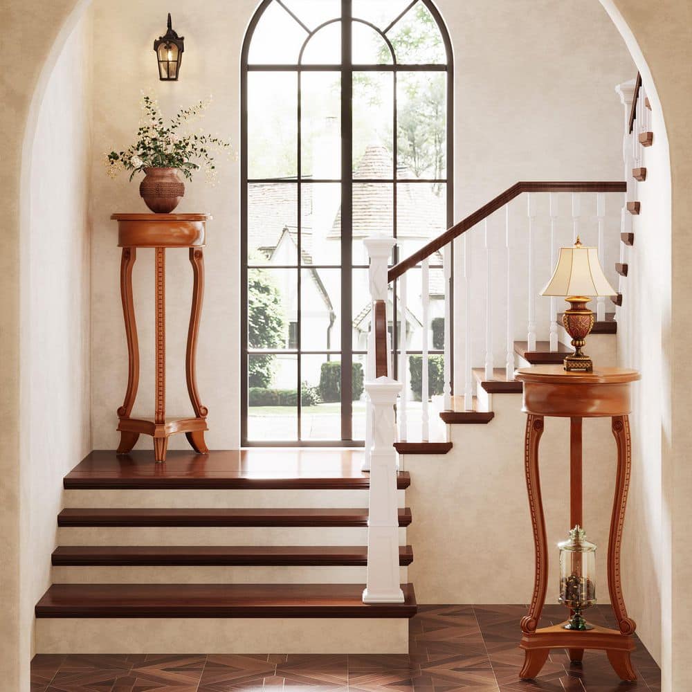 BYBLIGHT Wellston 36.02 in. Walnut 2-Tier Wood Round Plant Stand ...
