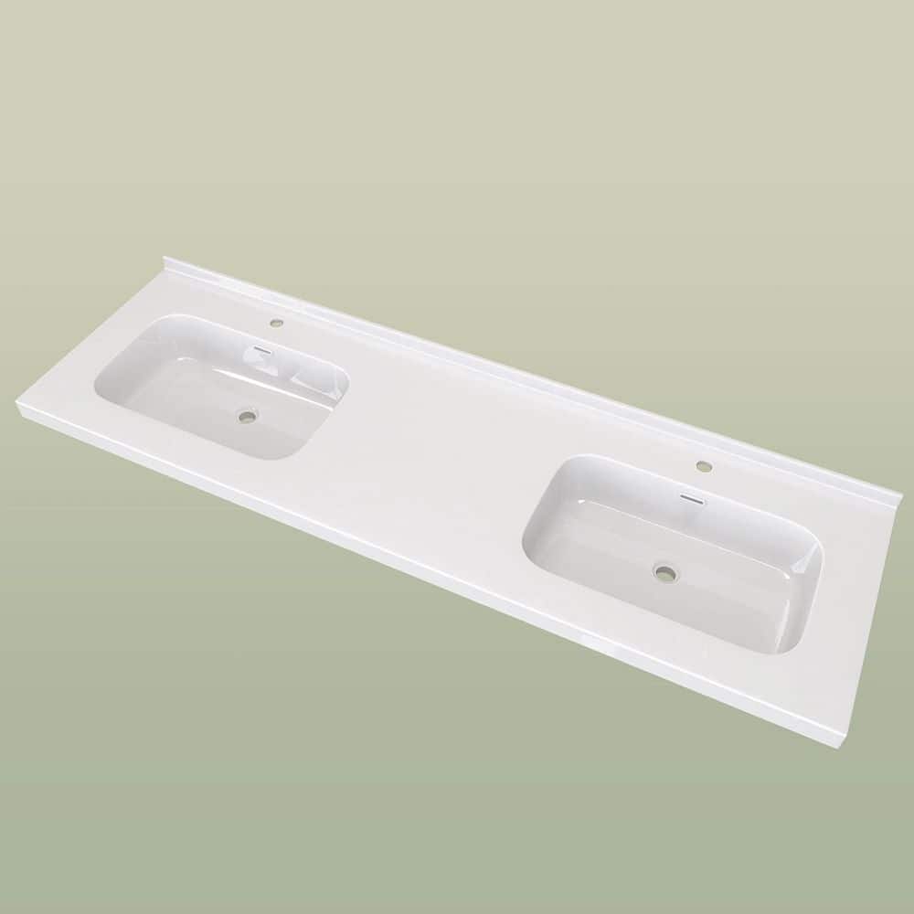 Getpro 72 in. W x 22 in. D Solid Surface White Rectangular Double Sinks Bath Vanity Top in White ...