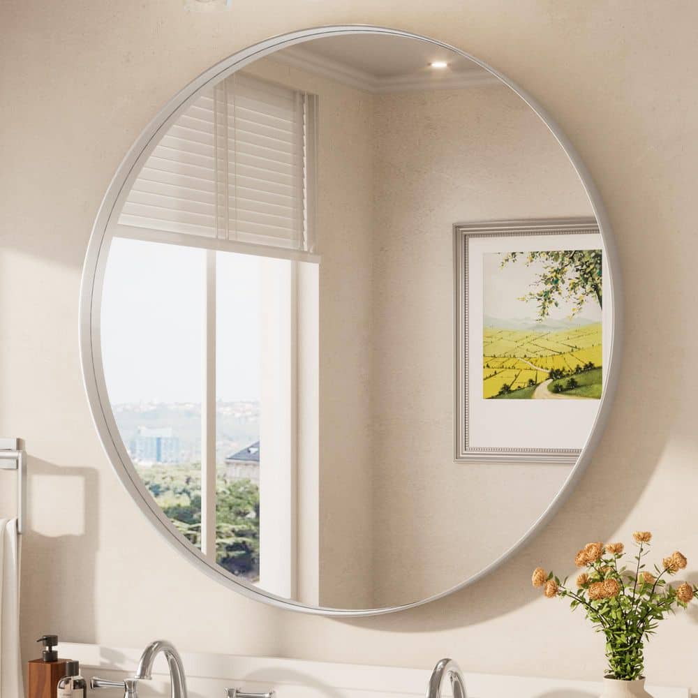 Reviews for KeonJinn 40 in. W x 40 in. H Round Mirror Framed Brush ...