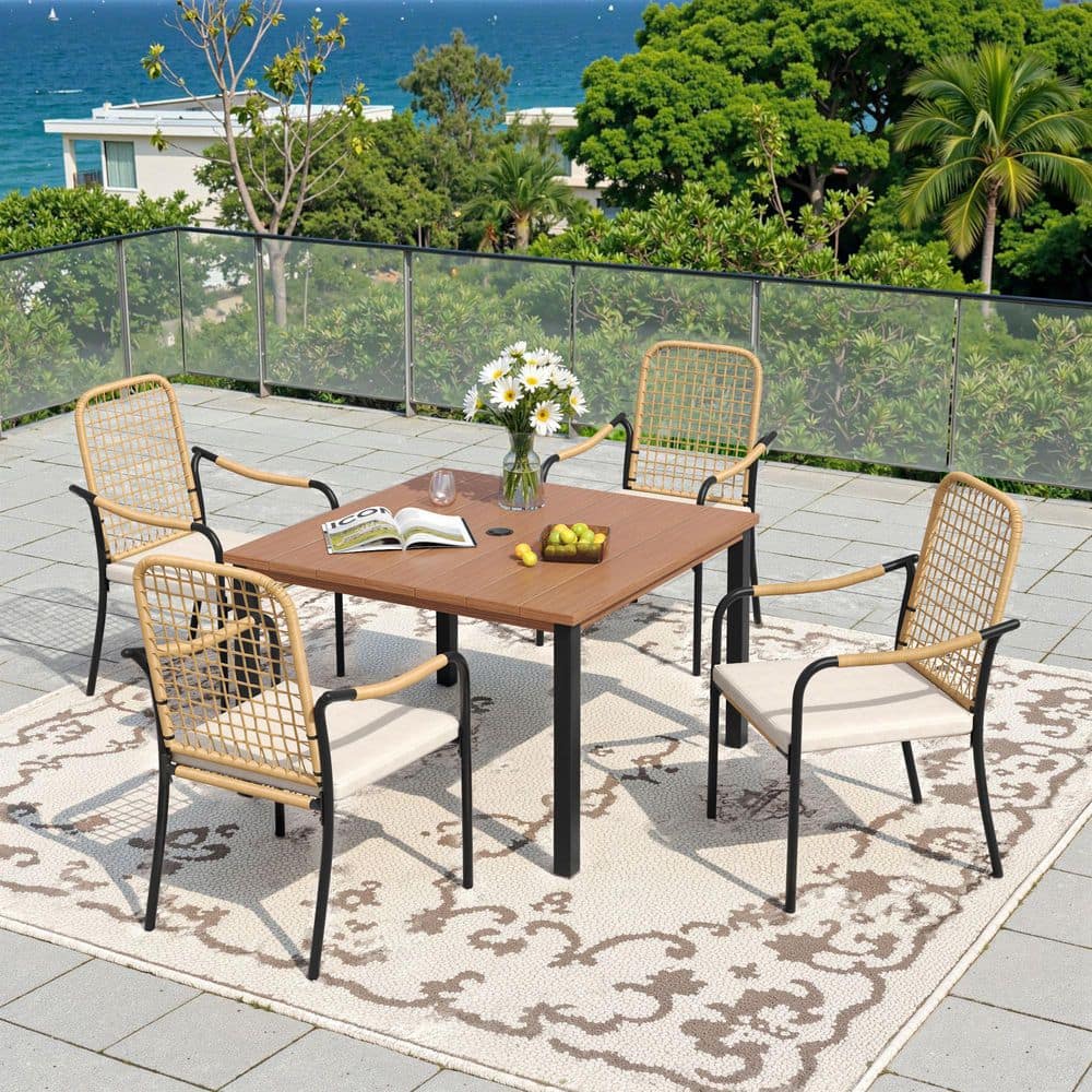 vicllax 5-Piece Metal Outdoor Dining Set with 40.2 in. Walnut Square ...