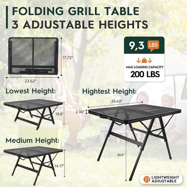 3 ft. Folding Outdoor Grill Cart Portable Camping Table 3 Adjustable Height Folding Table for Camping Picnic BBQ