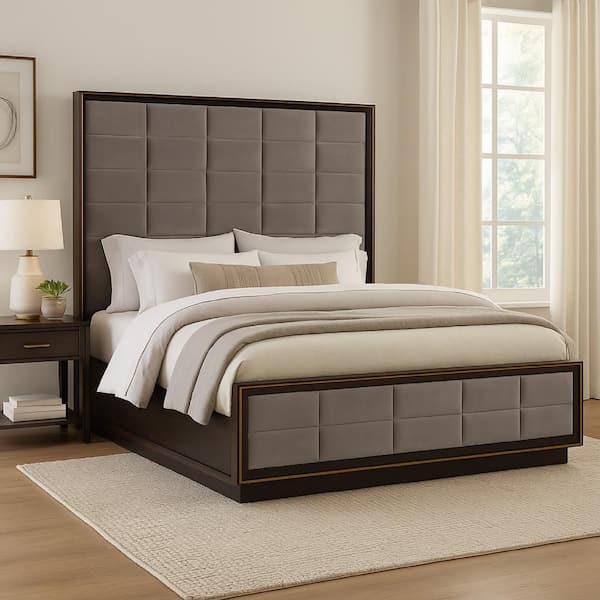 Benjara Hena Taupe Gray and Gold Wood Frame Queen Panel Bed with Tall ...