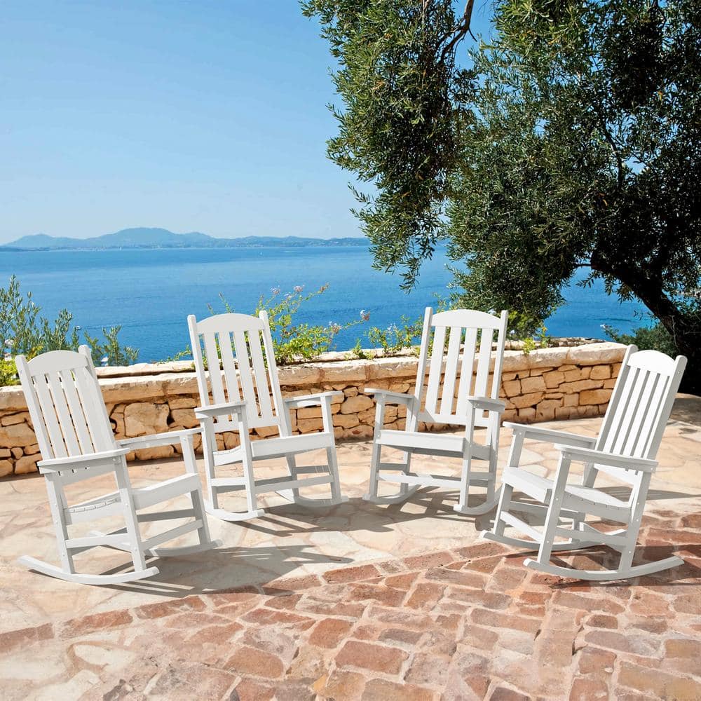 LUE BONA White Plastic Adirondack Outdoor Rocking Chair with High Back ...