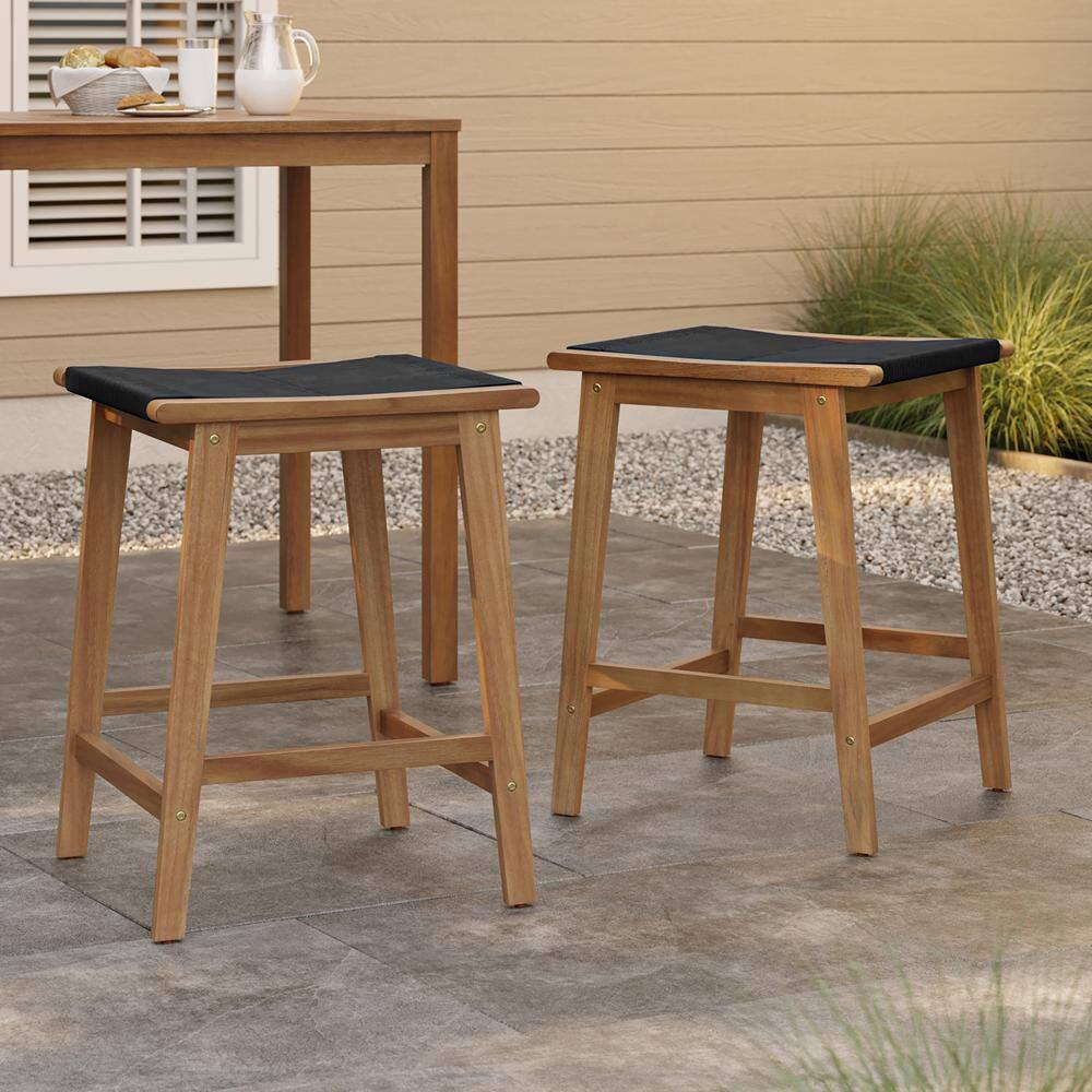 LuxenHome 25.59 in. Brown Outdoor Wood Counter-Height Stools (2-Pack ...