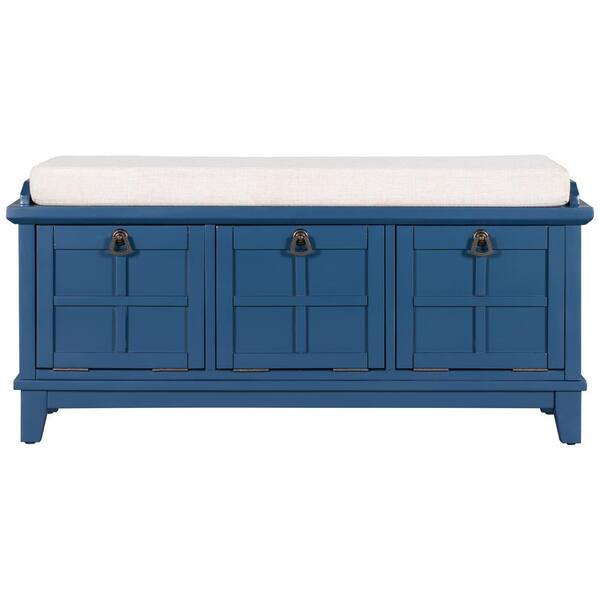 Navy Blue Upholstered Storage Bench with 3 Drop Down Doors for Entryway ...