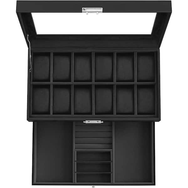 Black PU Leather 12-Slot 2 Layers Watch Box with Glass Lid and Black ...