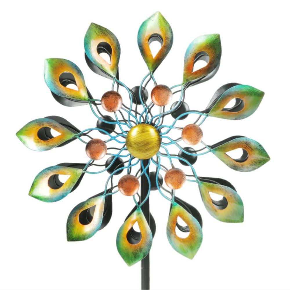 63 in. Metal Kinetic Wind Spinners with Stake, 360 Swivel Peacock ...