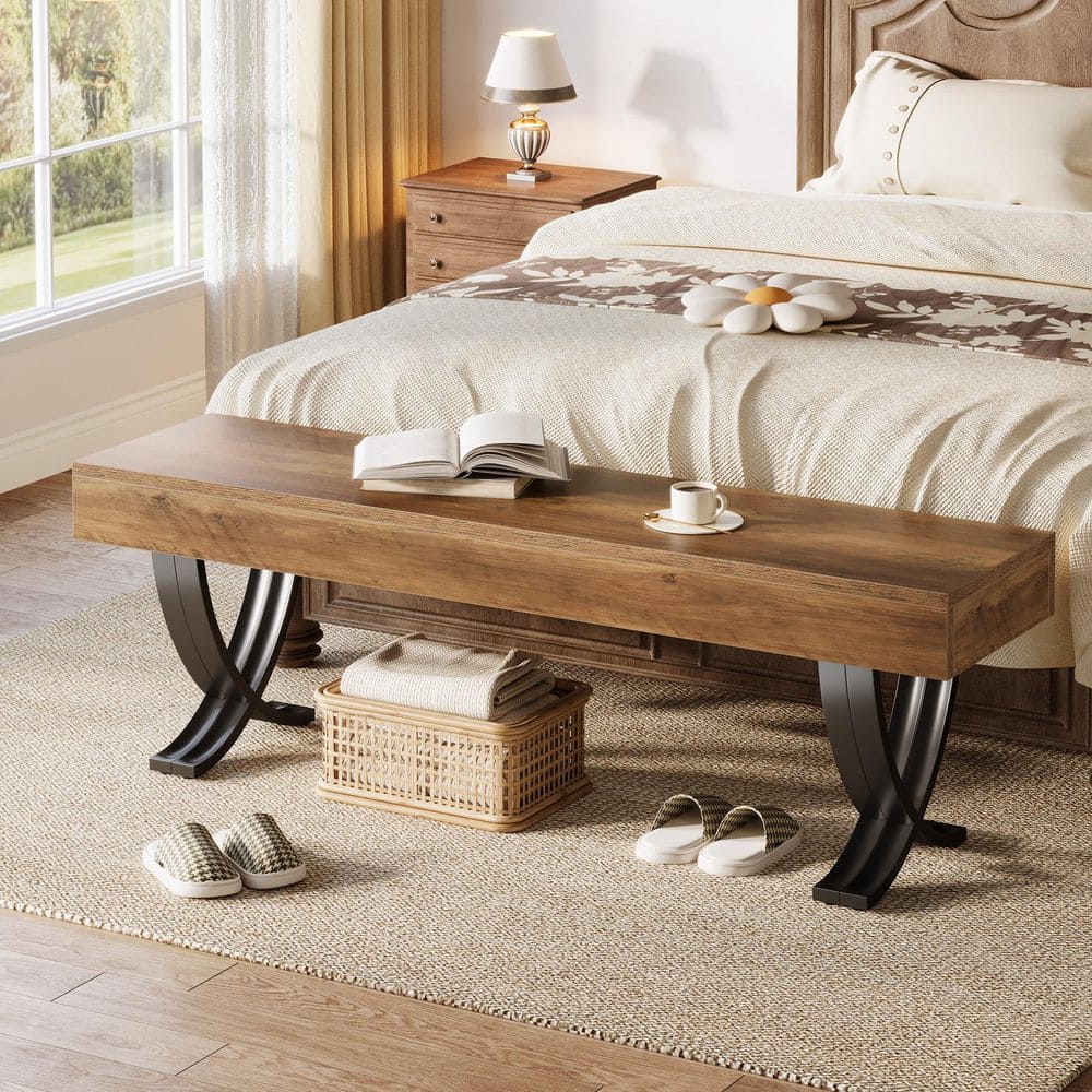 BYBLIGHT Brown Entryway Wooden Shoe Bench with Metal X-Shaped Legs 55 ...