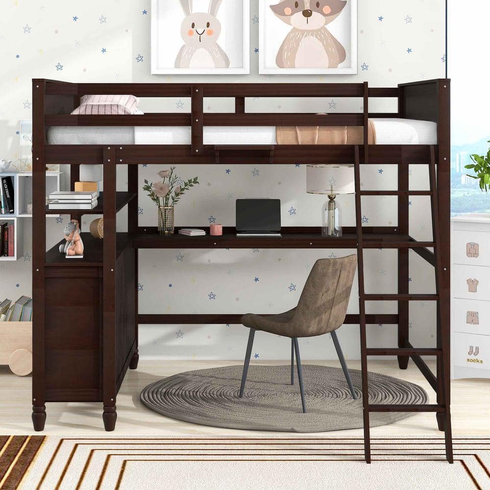 Polibi Full size Loft Bed with Drawers and Desk, Wooden Loft Bed with Shelves-Espresso RS ...