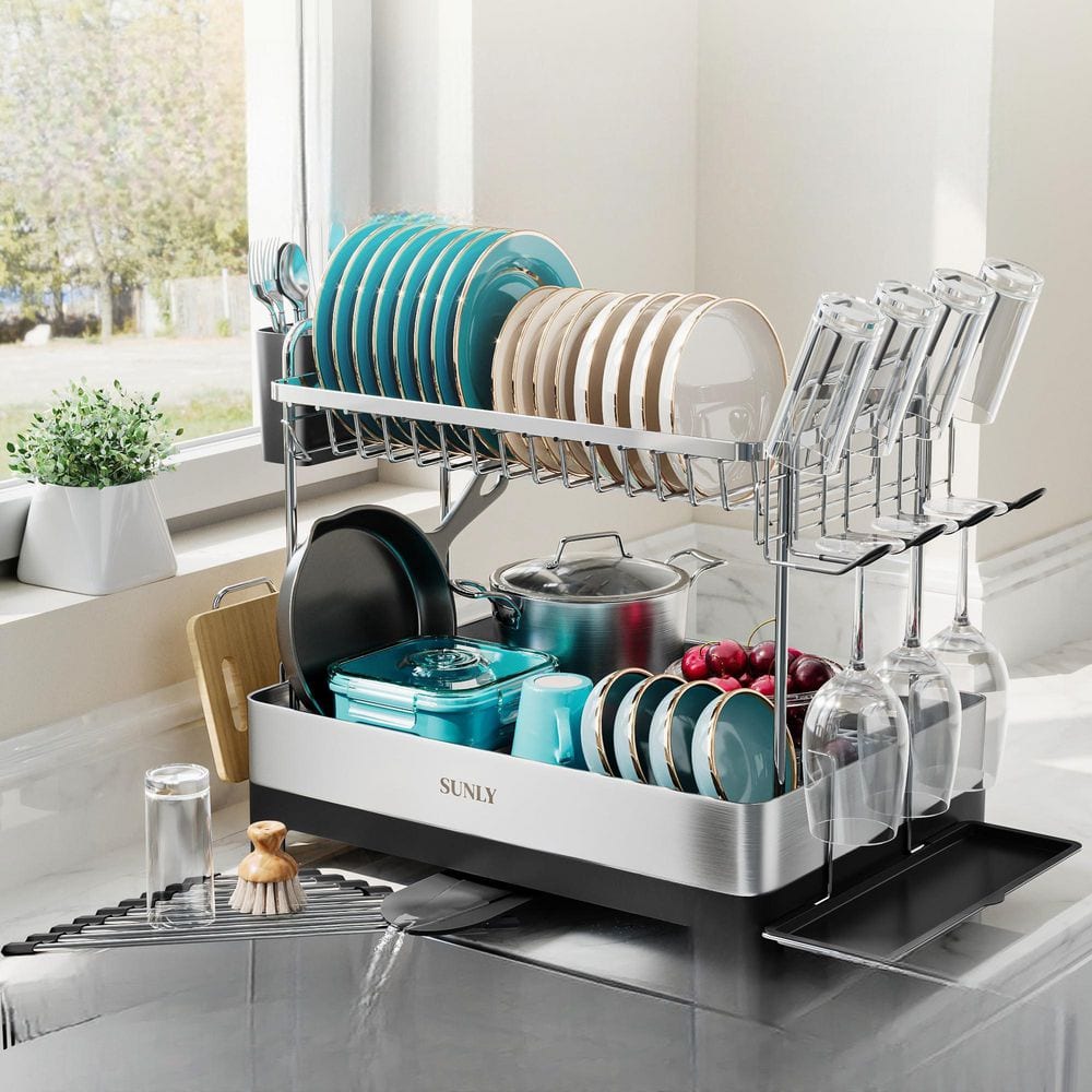 Numhew 2-Tier Countertop Dish Rack, Extra Large Stainless Steel Dish ...