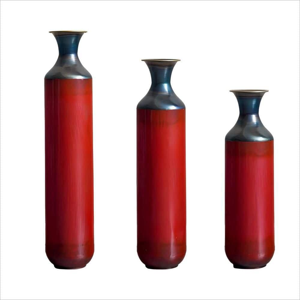 28.35 in. Floor Metal Vase Set, 3-Piece Modern Droplet-Shaped Red Vases ...