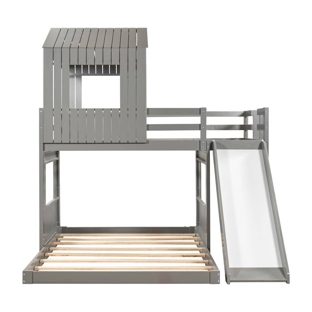 Qualler Topanga Gray Twin Over Full House Style Bunk Bed with Slide ...