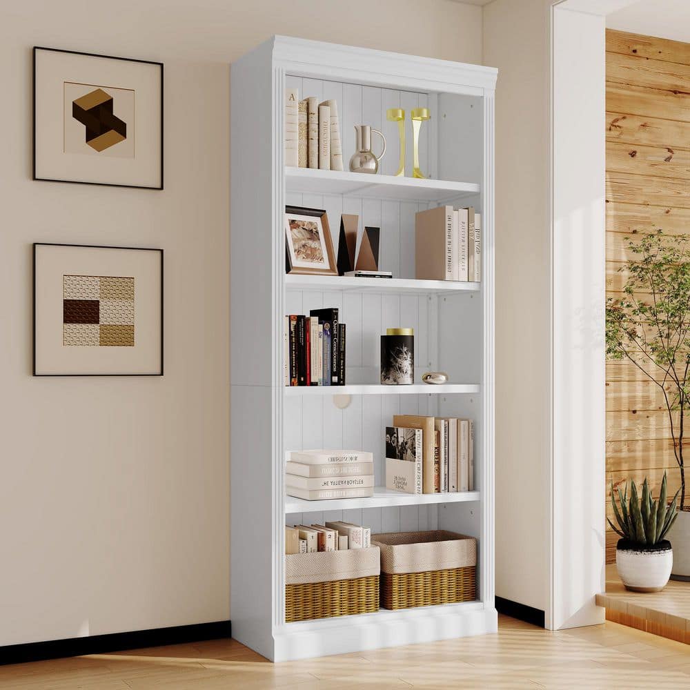 Harper & Bright Designs 83.4 in. Tall White Wood 5-Shelf Bookcase with ...