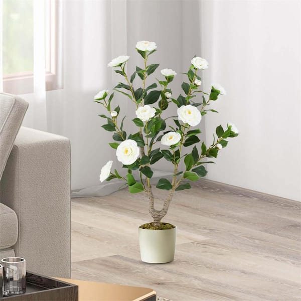HONEY JOY 1 Pieces 36 in. Artificial Camellia Tree Topiary Fake Potted ...