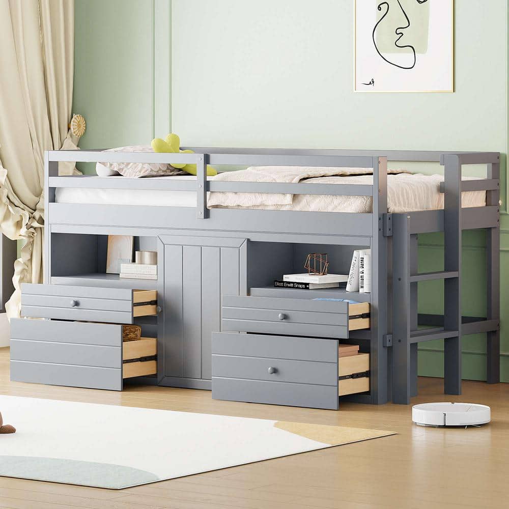 Polibi Twin Size Loft Bed with 4 Drawers, Underneath Cabinet and Shelves, Gray RS-24370AAET ...