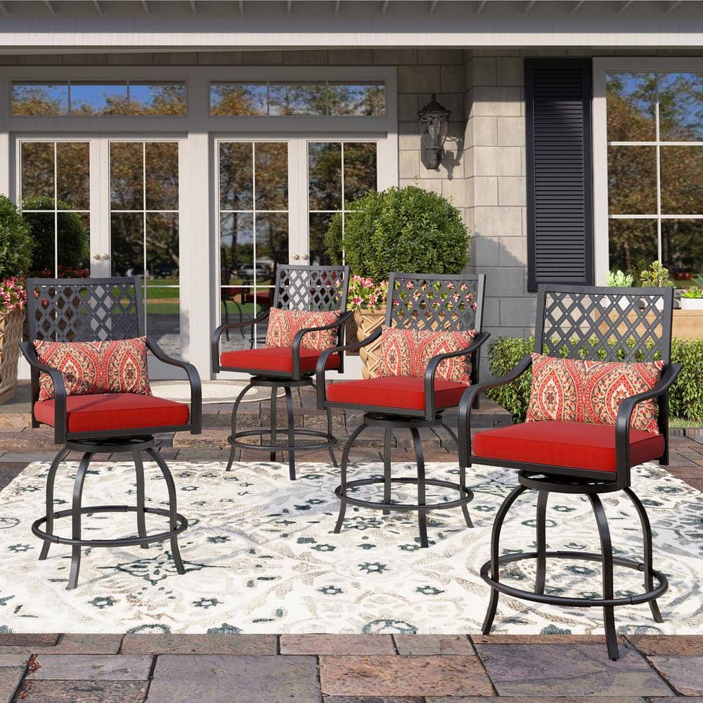 PHI VILLA Swivel Metal Outdoor Bar Stools with Red Cushion (4-Pack) THD ...