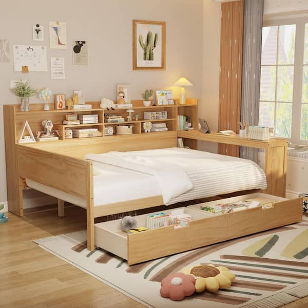 Nestfair Natural Full Size Wood Daybed with Storage Shelves, 2 Drawers ...