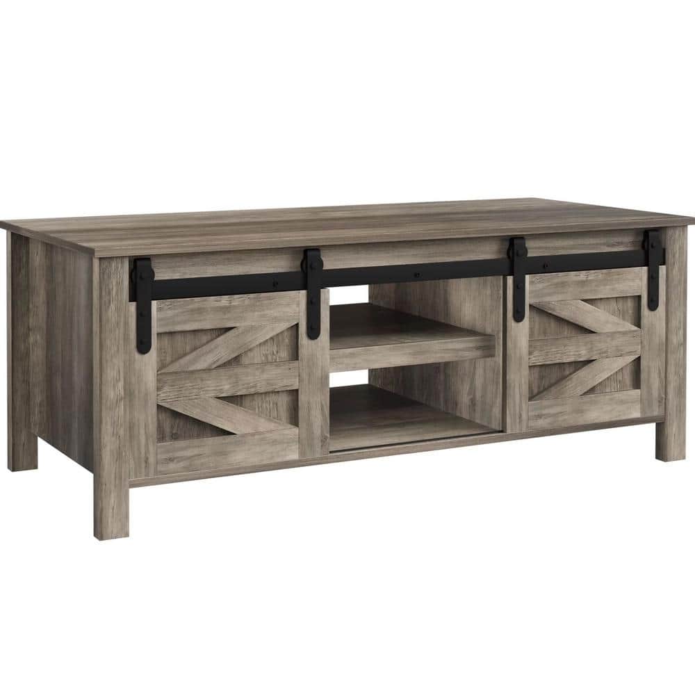 LACOO 47 in. Farmhouse Washed Gray Rectangle Oak Wood Coffee Table with ...