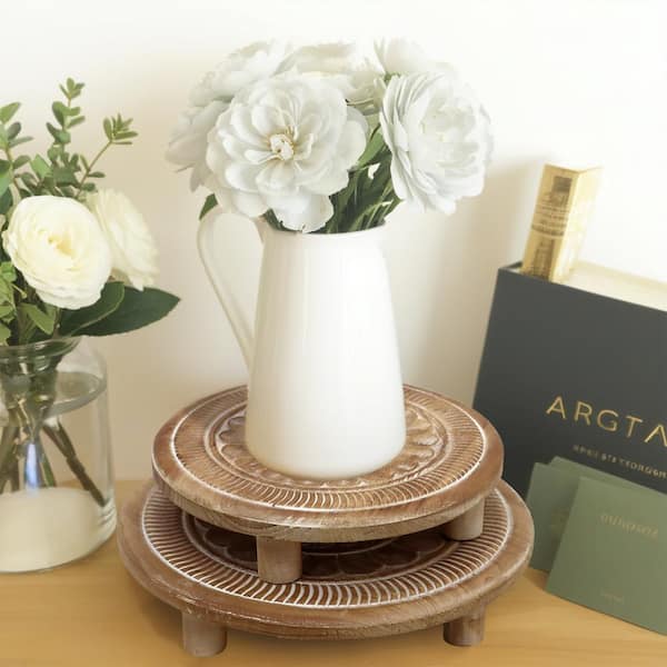 PARISLOFT Natural Wood Set of 2-Round Wood Risers with Carved Pattern ...