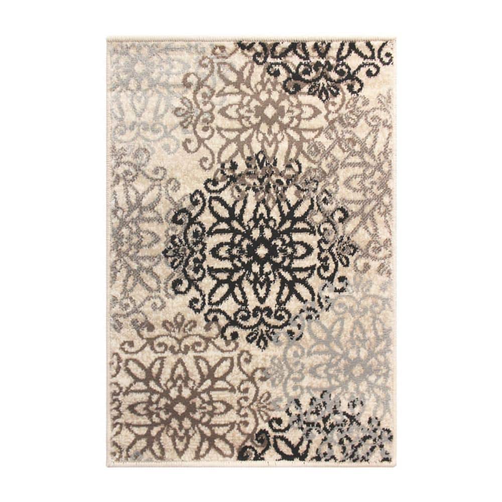 HomeRoots 8 ft. x 10 ft. Tan Gray and Black Floral Medallion Stain ...
