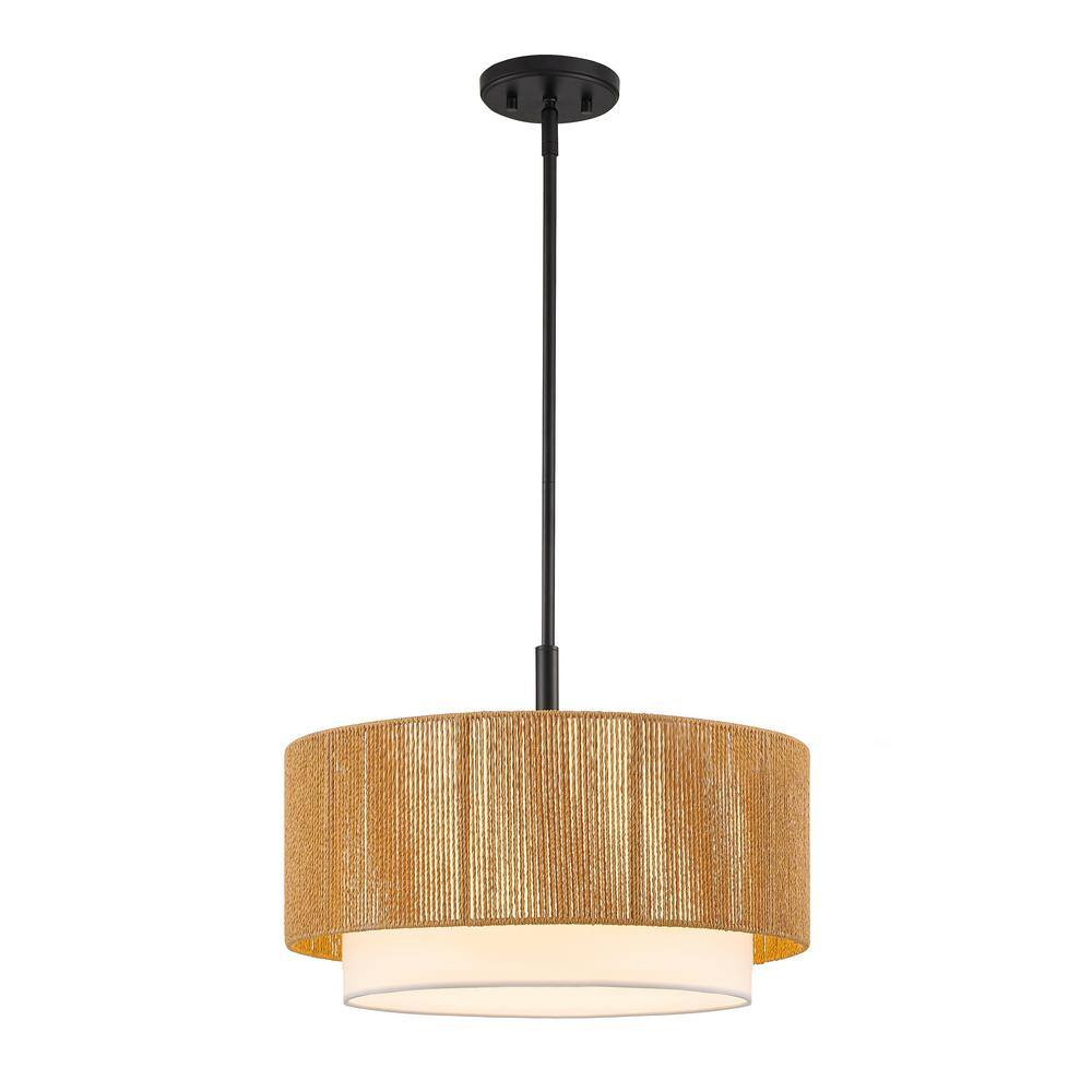 KAWOTI 1-Light Black Pendant Light with Rattan Shade and Fabric Shade ...
