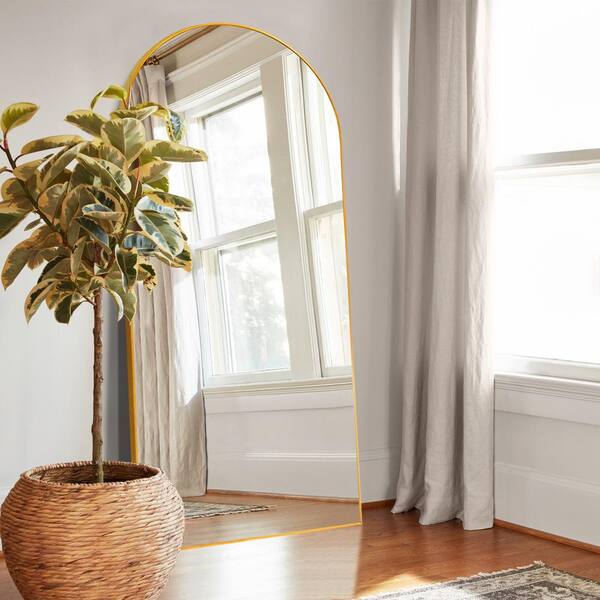 GOGEXX 28 in. W x 71 in. H Large Metal Gold Standing Mirror Arched Full ...