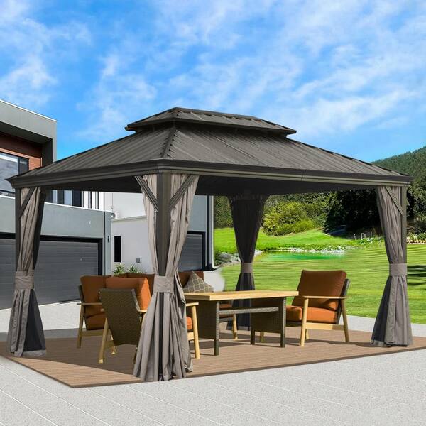 Brown 10 ft. x 12 ft. Patio Hardtop Gazebo with Drainage System, Dual ...