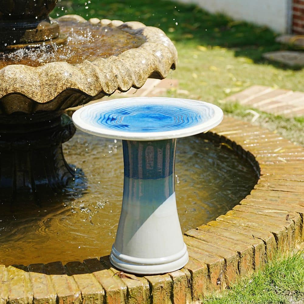 GOGEXX 18in. H Handmade Round Blue Gradient Glaze Ceramic Bird Bath ...