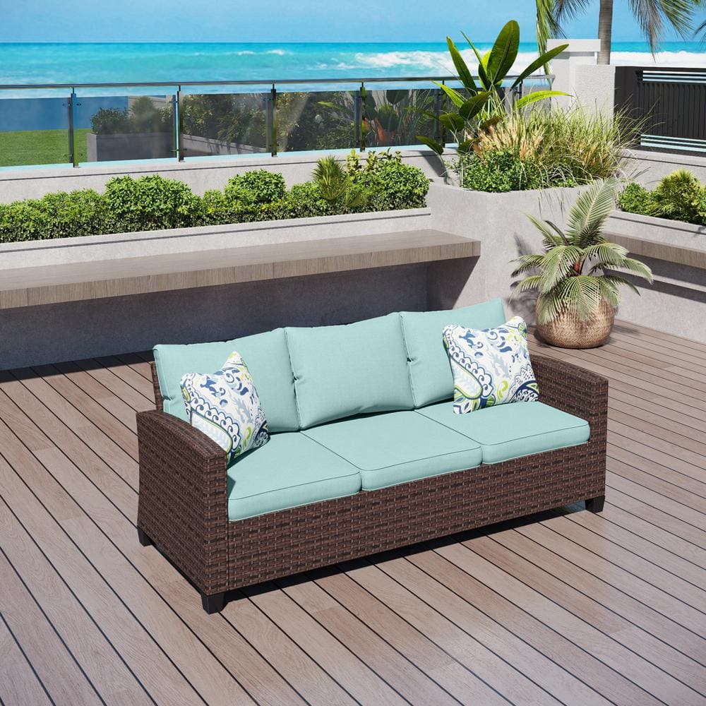 PHI VILLA Dark Brown Rattan Wicker Outdoor Patio 3 Seat Sofa Couch with ...
