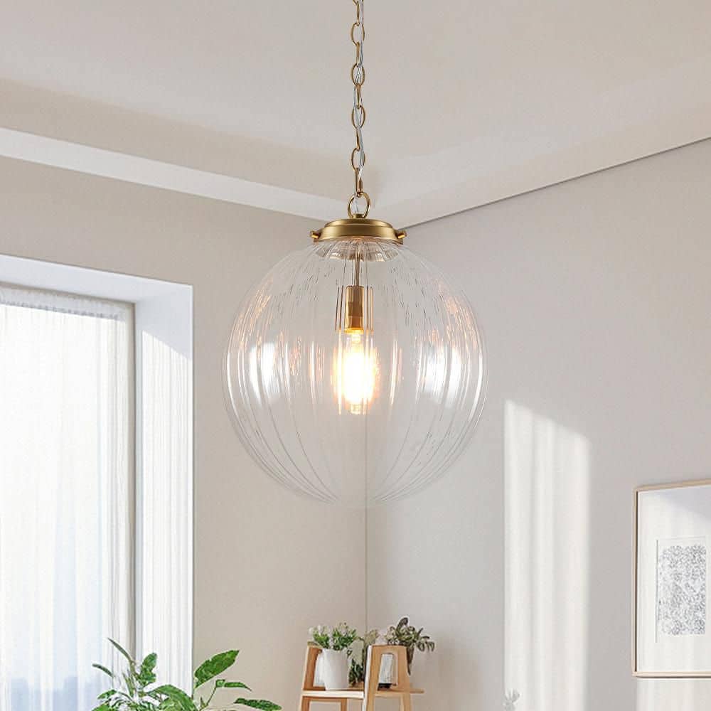 Y'INSP Aero Globe 1-Light Gold Moderne Pendant with Clear Ribbed Glass ...