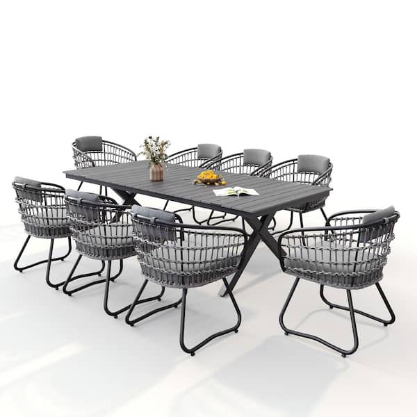 CLOUDFLY 9-Piece Metal Rectangular Outdoor Dining Set with Gray ...