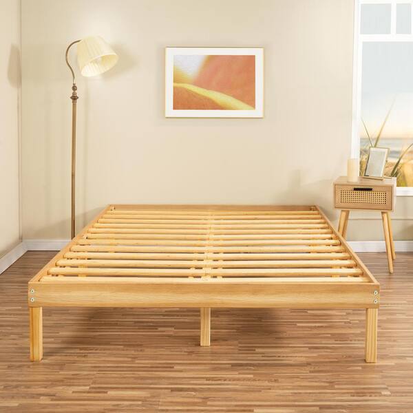 HOMESTOCK 14 in. Natural Full Solid Wood Platform Bed with Wooden Slats ...