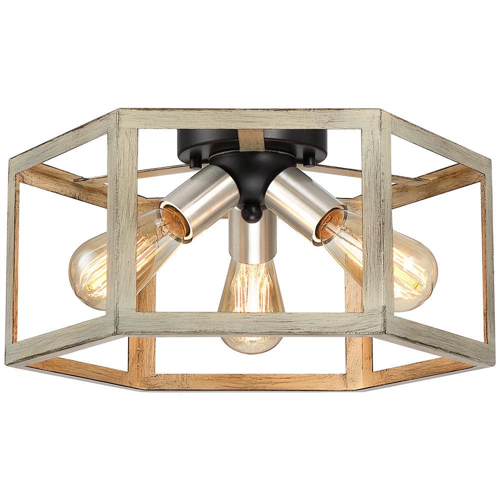 TRUE FINE 15 in. 3-Light Wood Tone Modern Farmhouse Semi-Flush Mount ...