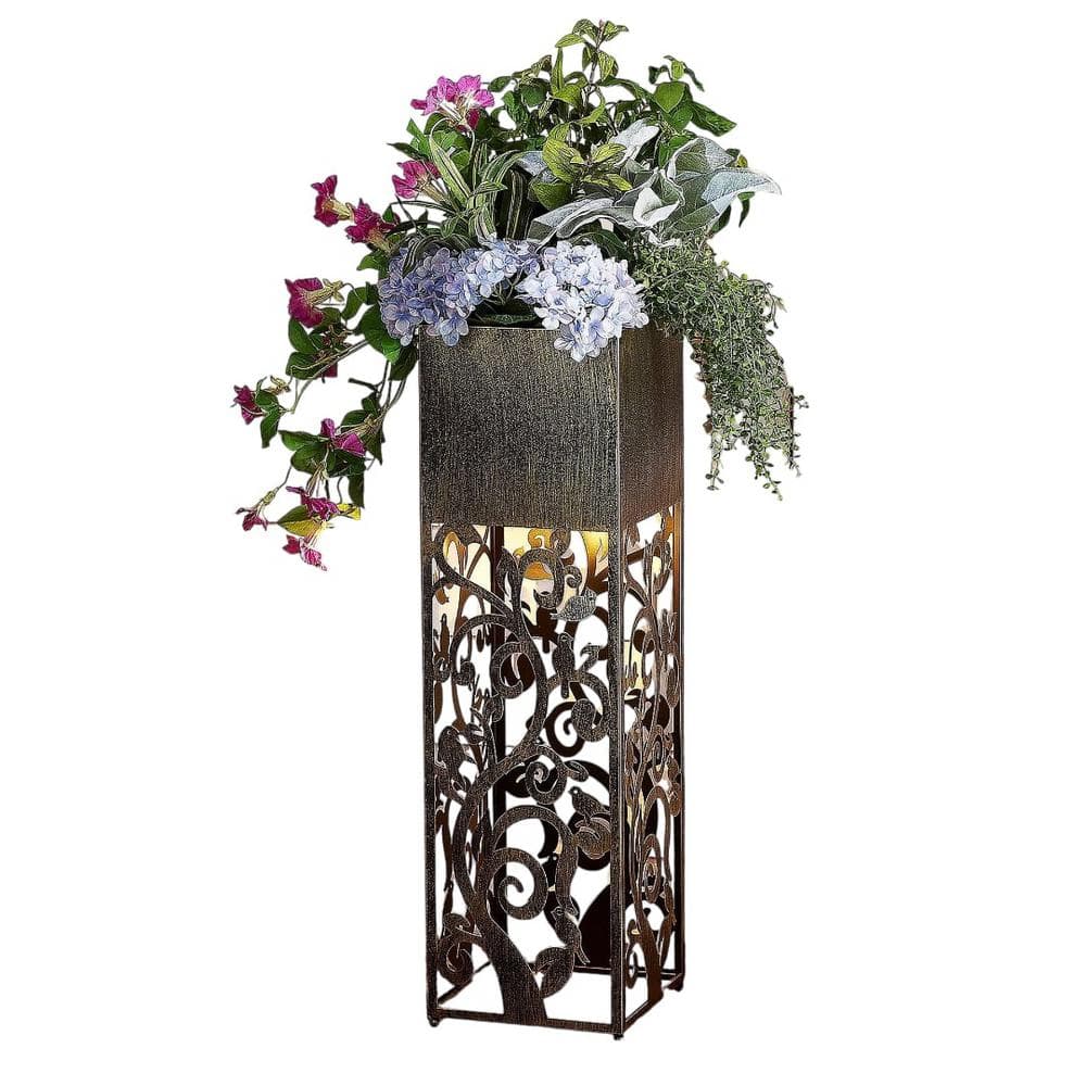 Evergreen 30 in. Bronze Metal Solar Silhouette Column Planter ...