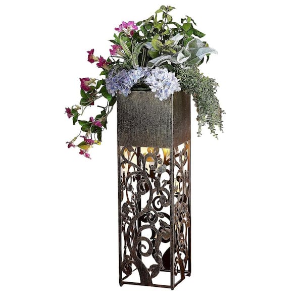 Evergreen 30 in. Bronze Metal Solar Silhouette Column Planter ...