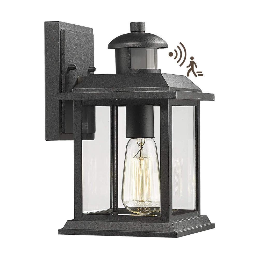 JAZAVA Black Motion Sensing Dusk to Dawn Outdoor Hardwired Wall Lantern ...