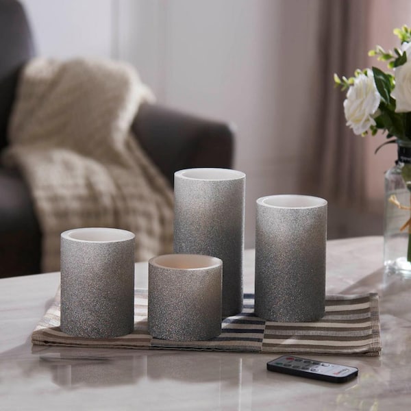 HEMSLY INC Holographic Silver Glitter LED Pillar Candles (Set of 4 ...