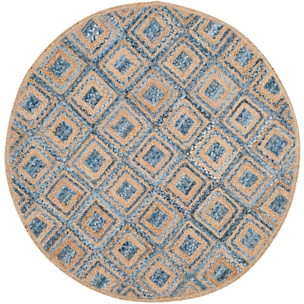 SAFAVIEH Cape Cod Natural/Blue 8 ft. x 8 ft. Round Geometric Area Rug ...