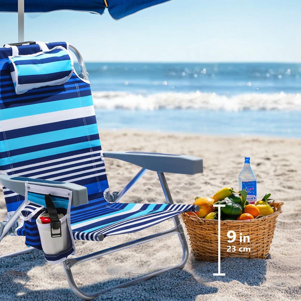 PASAMIC Striped Blue Aluminum Folding Adjustable Headrest Low Beach Chair (2-Pack) CC-DKSTY01 ...