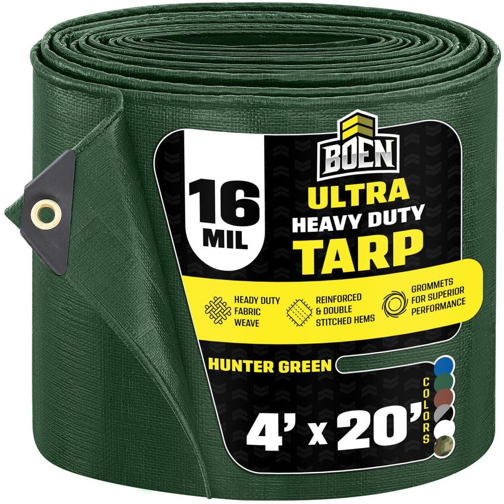 BOEN 4 ft. x 20 ft. Green Ultra Heavy-Duty 16 Mil Thick Hunter Tarp ...