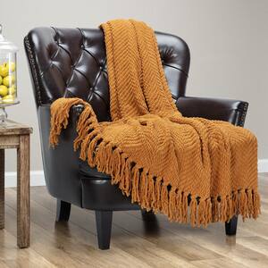 CHANASYA Textured Knit Golden Acrylic Polyester Throw Blanket with ...