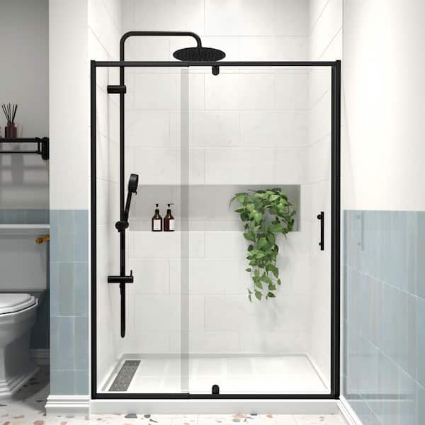imperiol Modern 48 in. W x 71 in. H Pivot Swing Semi-Frameless Shower Door in Matte Black Finish ...