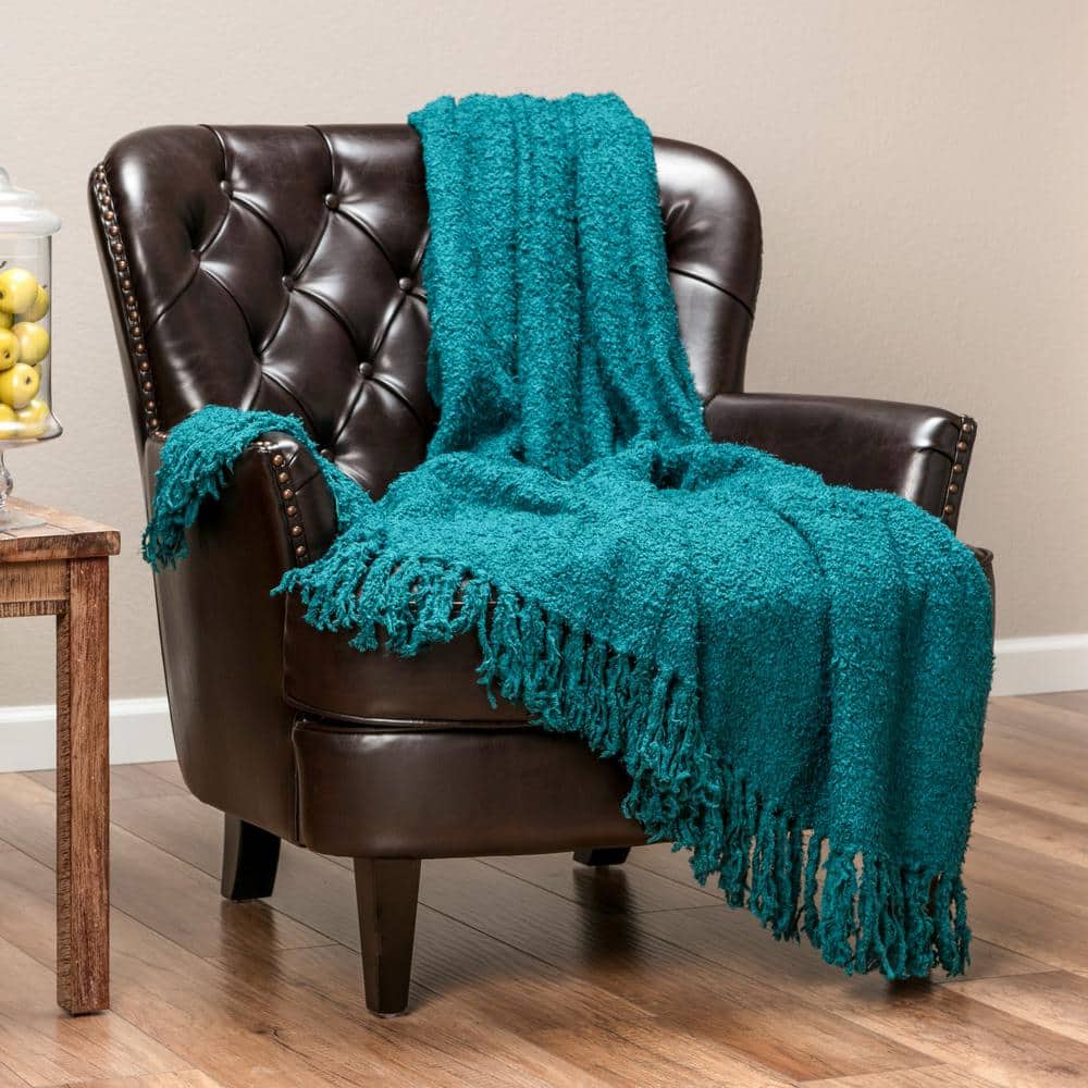 CHANASYA Fuzzy Teal Textured Polyester Throw Blanket with Tassels, 50 x ...