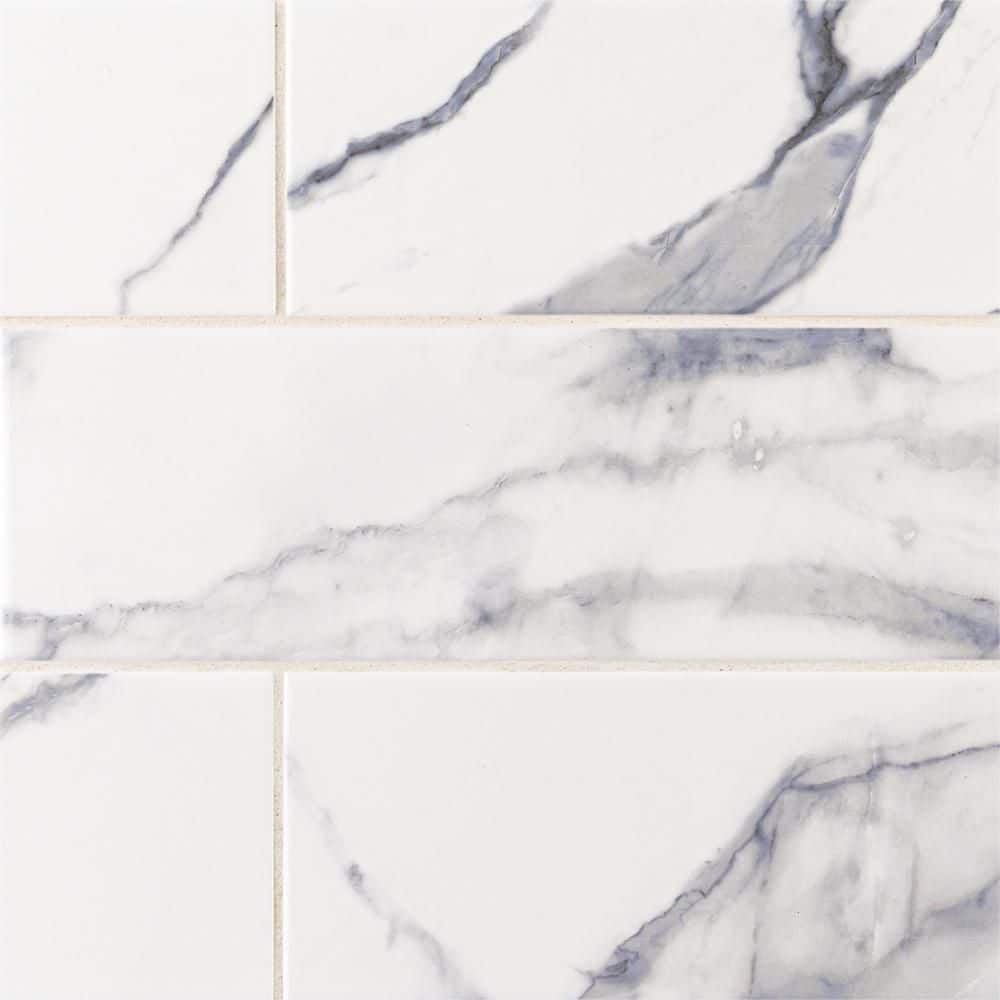 Jeffrey Court Glossy Ocean Carrara White 4 in. x 12 in. Glossy Ceramic ...