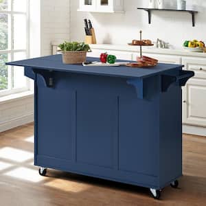 FUNKOL Navy Blue Wood 53 in. Kitchen Island Cart with Drop Leaf/Spice ...