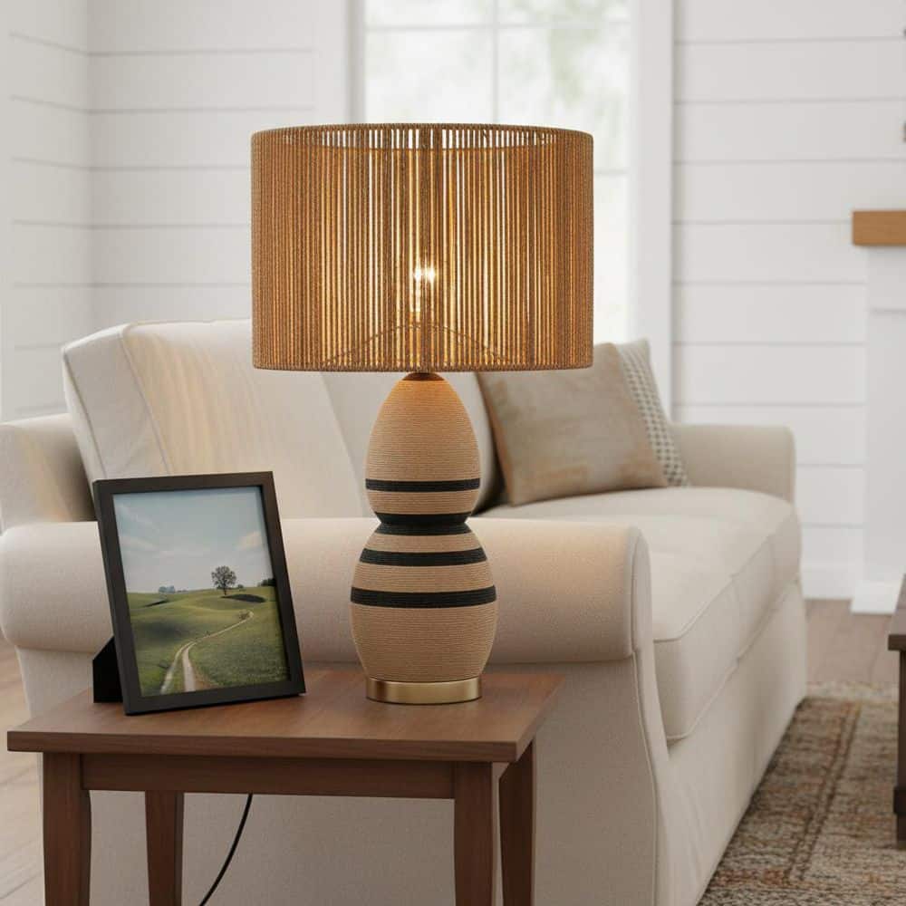 ELE Light & Decor Brise 27 in. Gold Coastal Boho Rattan Table Lamp ...