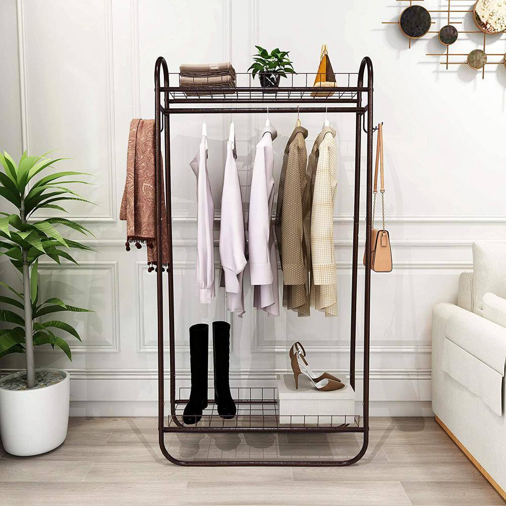 Brown Metal Garment Clothes Rack with 2 Tiers Shelves 33 in. W x 65 in ...