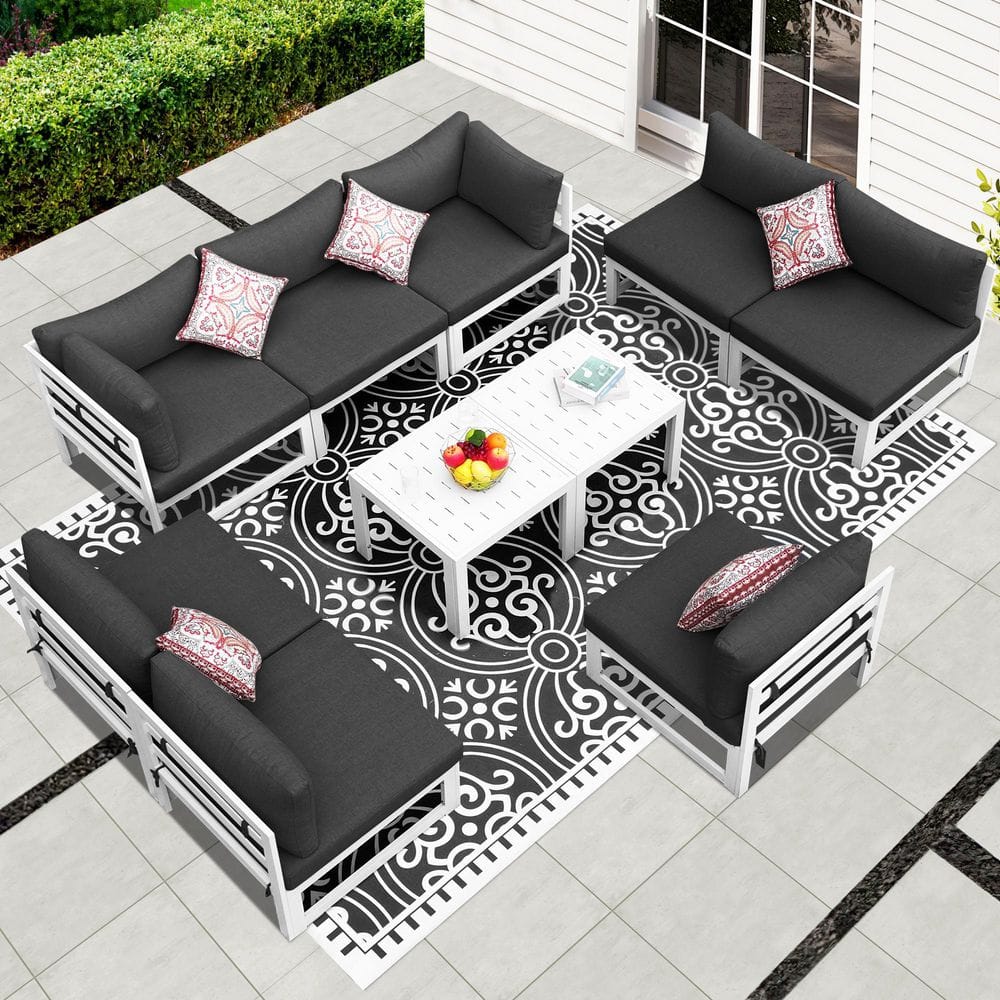 FINCATI Modern 10-Piece White Aluminum Outdoor Patio Conversation Deep Seating Set with Dark ...